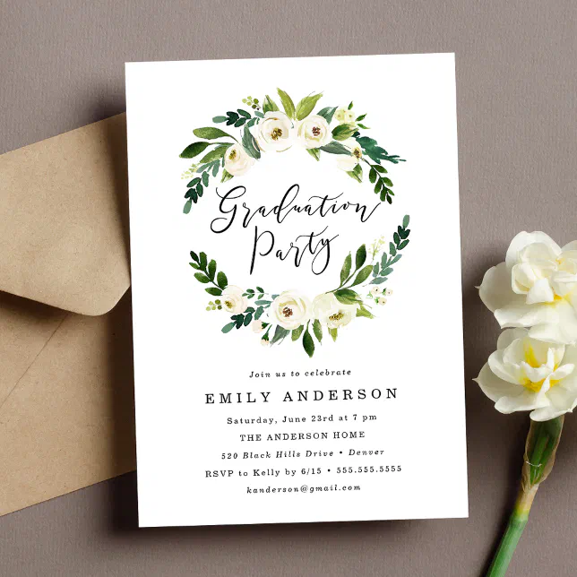Elegant White Floral Greenery Graduation Party Invitation | Zazzle