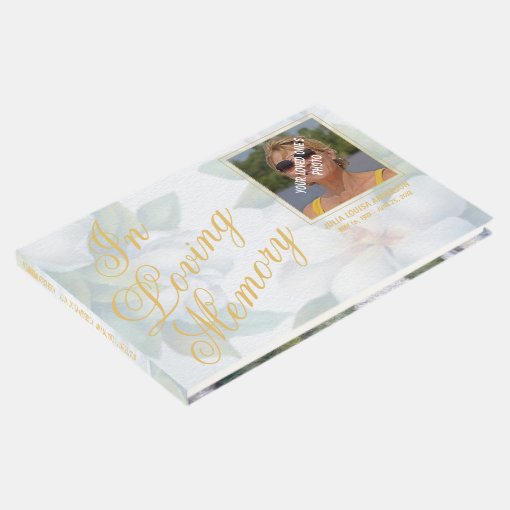 Elegant White Floral Loving Memory Script Photo Gu Guest Book | Zazzle