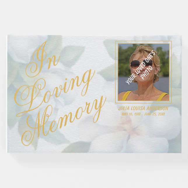 Elegant White Floral Loving Memory Script Photo Gu Guest Book | Zazzle