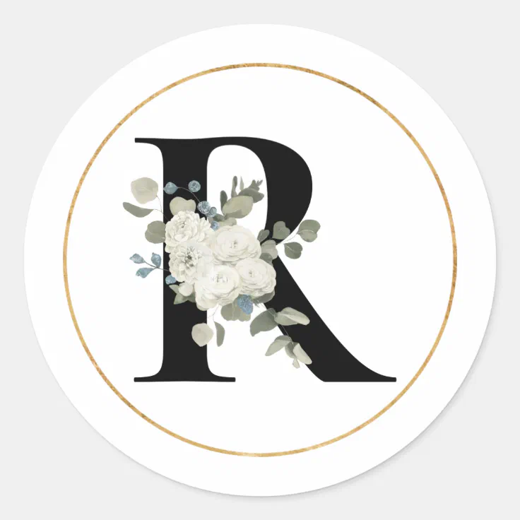 Elegant White Floral Monogram Letter R on White Classic Round Sticker ...
