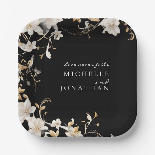 Elegant White Floral on Black Wedding Bible Verse Paper Plates | Zazzle