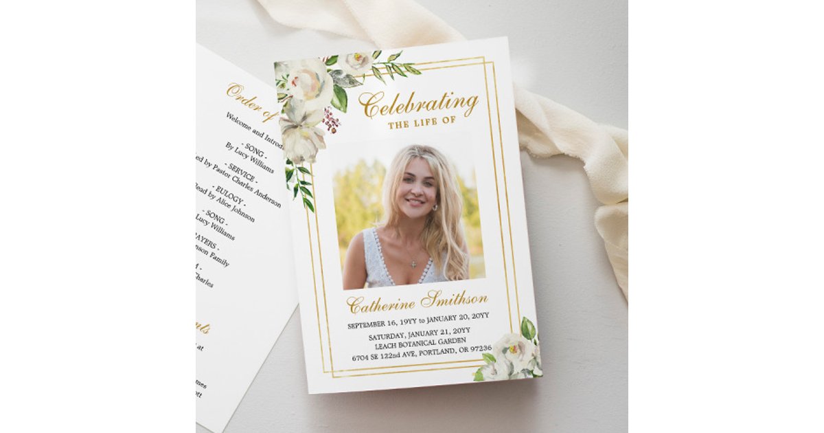 Elegant White Floral Photo Memorial Funeral Program | Zazzle