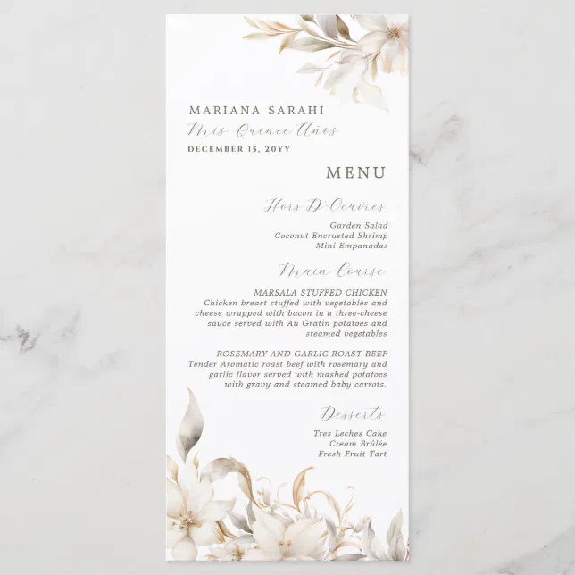 Elegant White Floral Quinceanera Food Drinks Menu | Zazzle