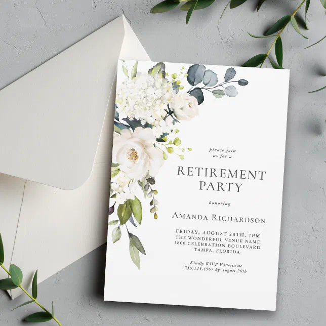 Elegant White Floral Retirement Party Invitation | Zazzle