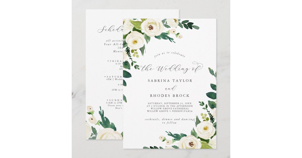 Elegant White Floral Schedule of Events Wedding In Invitation | Zazzle