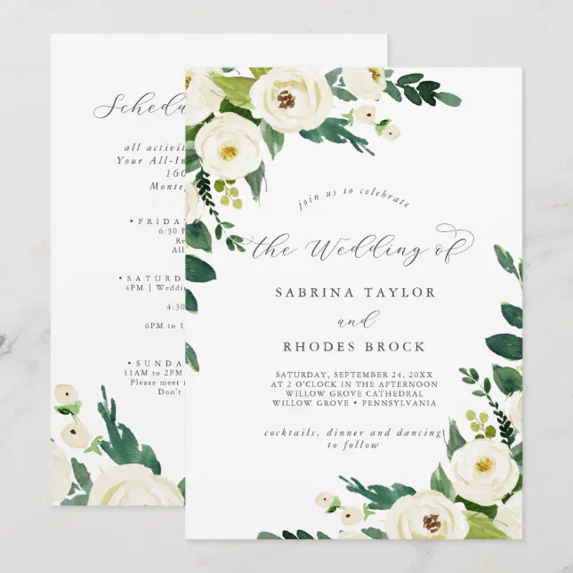 Elegant White Floral Schedule of Events Wedding In Invitation | Zazzle
