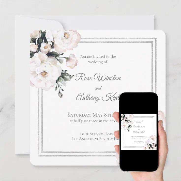 Elegant White Floral Silver Frame Wedding Invitation | Zazzle