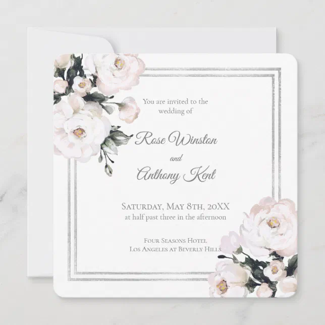 Elegant White Floral Silver Frame Wedding Invitation | Zazzle