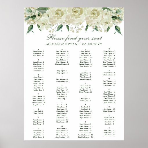 Elegant White Floral Simple Wedding Seating Chart | Zazzle