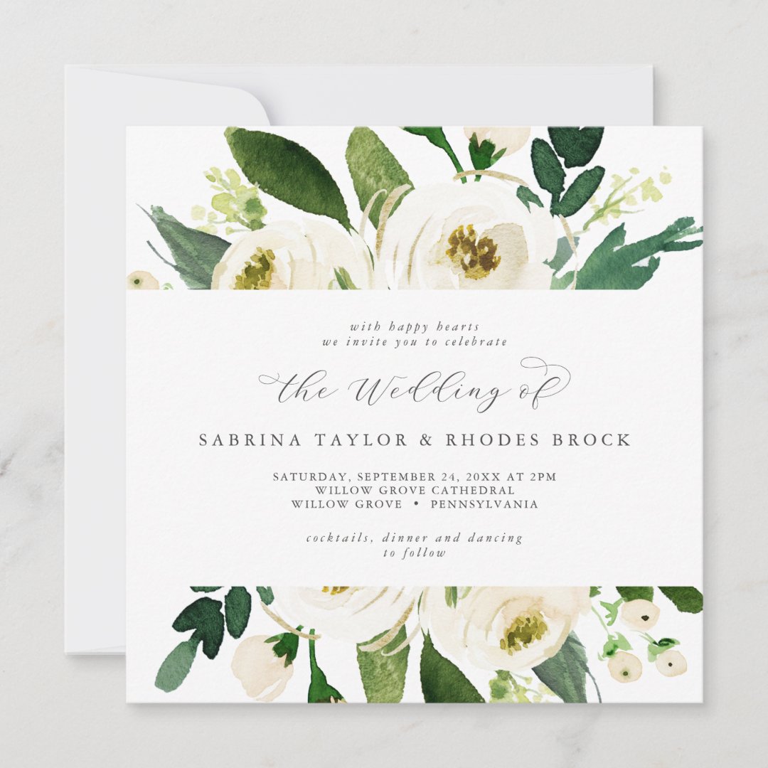 Elegant White Floral Square Wedding Invitation | Zazzle