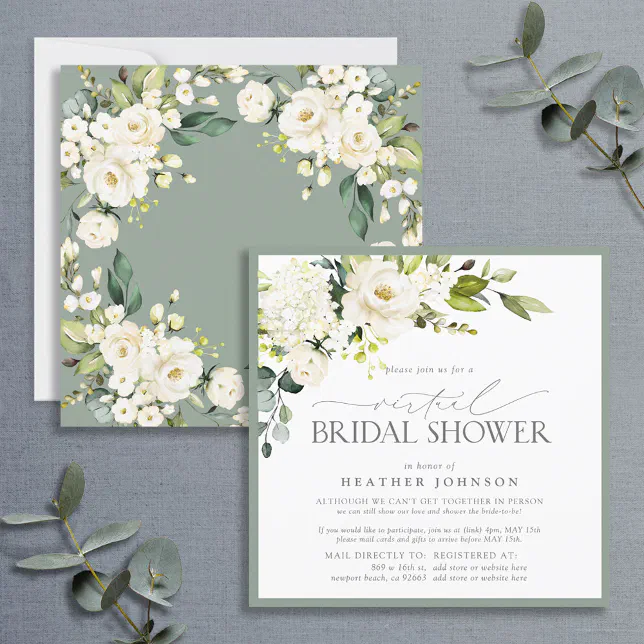 Elegant White Floral Watercolor Virtual Shower Invitation | Zazzle
