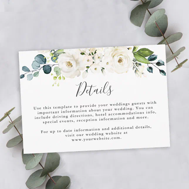 Elegant White Floral Wedding Details Enclosure Card | Zazzle