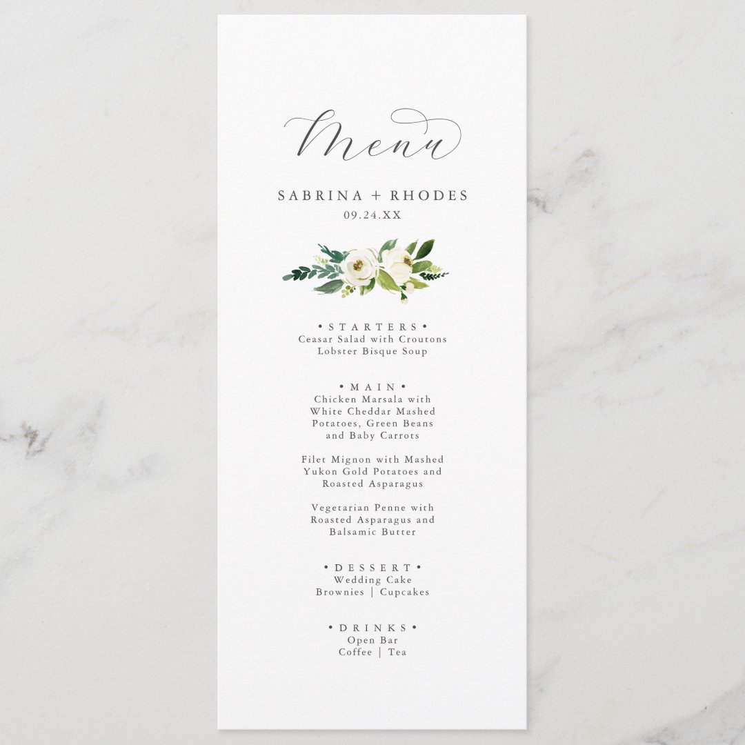 Elegant White Floral Wedding Dinner Menu | Zazzle