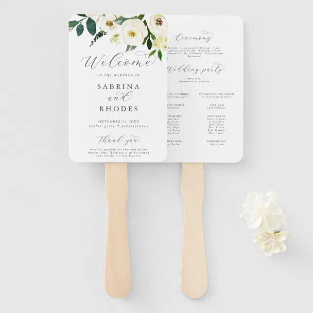 Elegant White Floral Wedding Program Hand Fan | Zazzle