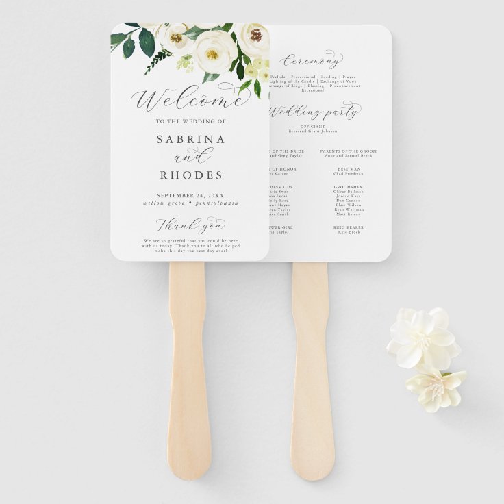 Elegant White Floral Wedding Program Hand Fan | Zazzle