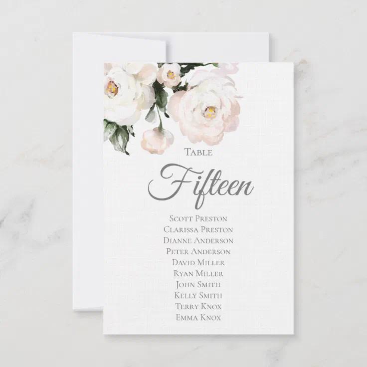 Elegant White Floral Wedding Table Assignment Card | Zazzle