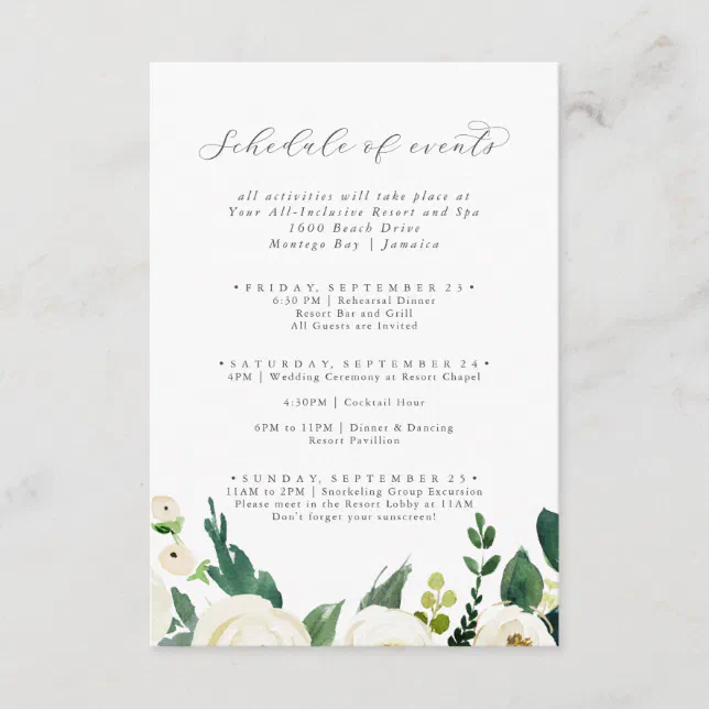 Elegant White Floral Weekend Schedule of Events Enclosure Card | Zazzle