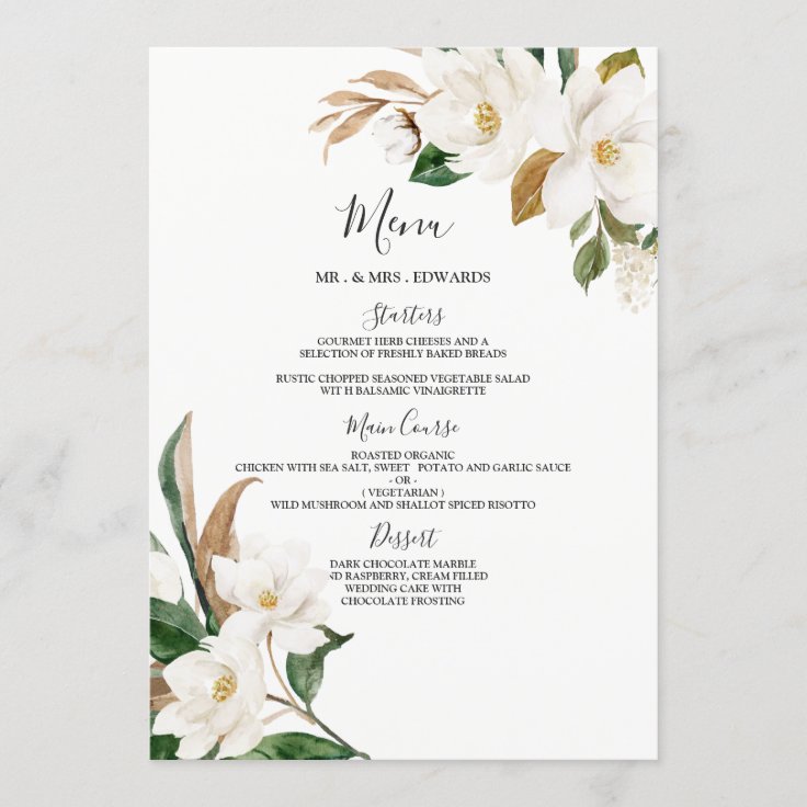 Elegant White Flowers Wedding or Dinner Party Menu | Zazzle