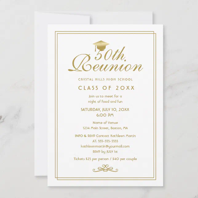 Elegant White Gold 50th Class Reunion Invitation | Zazzle