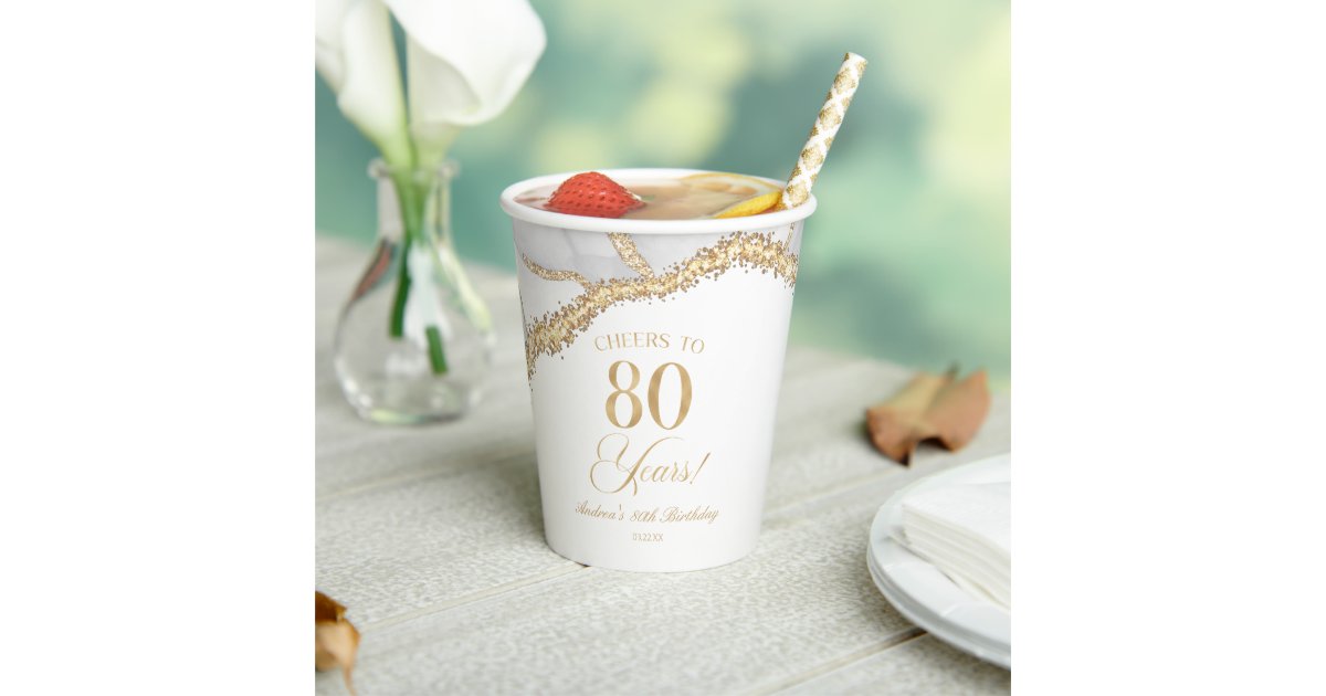 Elegant White Gold Agate 80th Birthday Party Paper Cups | Zazzle