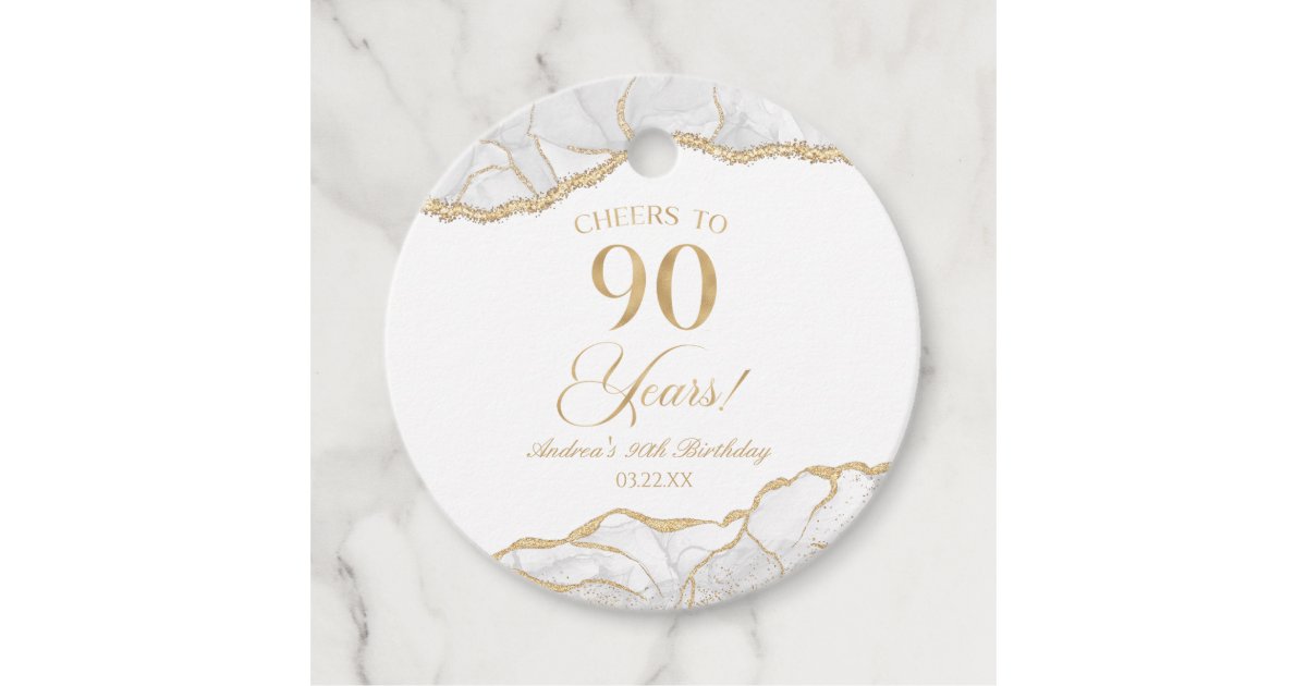 Elegant White Gold Agate 90th Birthday Party Favor Tags | Zazzle