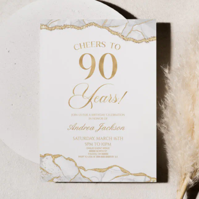 Elegant White Gold Agate 90th Birthday Party Invitation | Zazzle