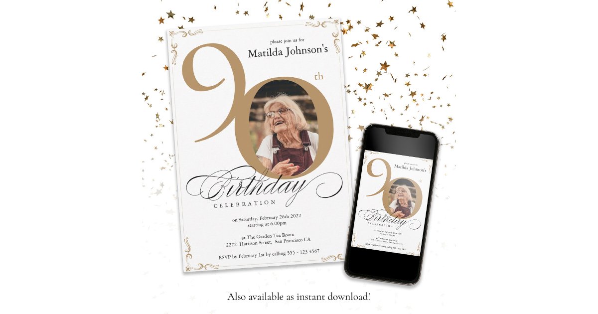 Elegant White Gold Custom Photo 90th Birthday Invitation | Zazzle