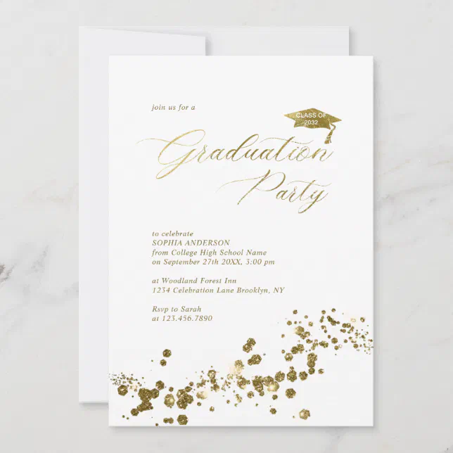 Elegant White Gold Dust Confetti Graduation Party Invitation | Zazzle
