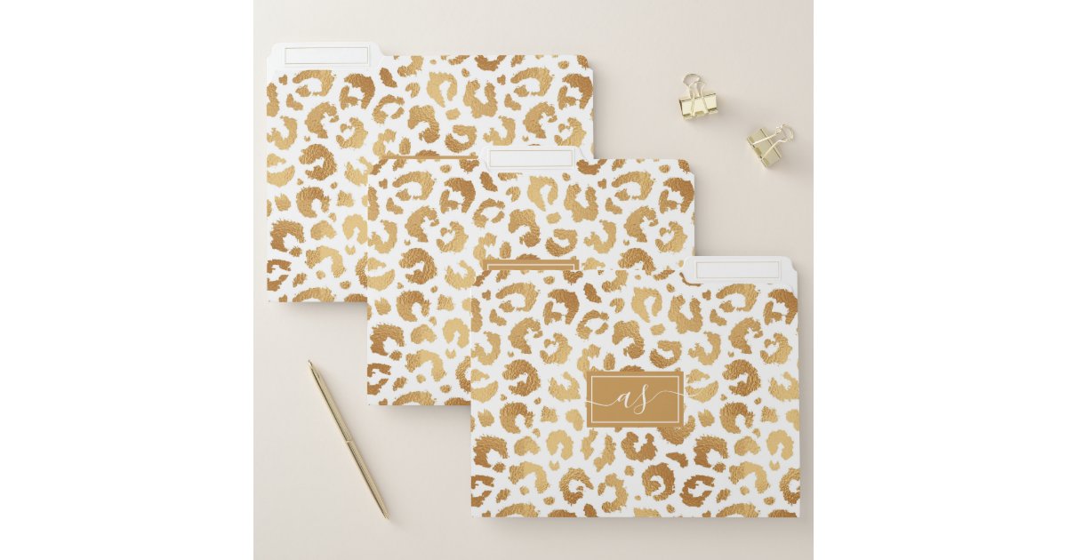 Elegant White Gold Foil Leopard Print Monogrammed File Folder | Zazzle