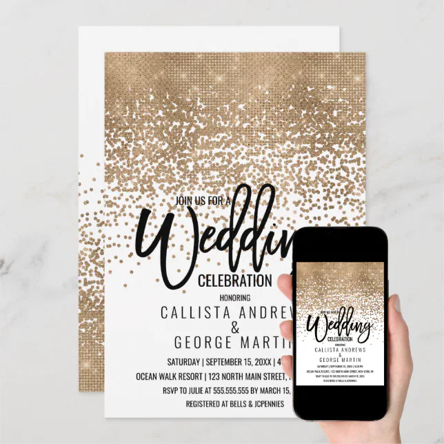 Elegant White Gold Glitter Confetti Ombre Wedding Invitation | Zazzle
