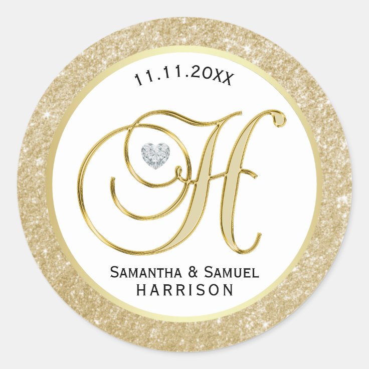 Elegant White Gold Glitter Monogram Letter 'H' Classic Round Sticker ...