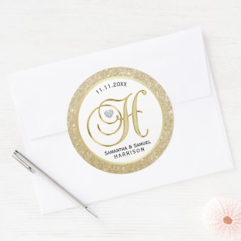 Elegant White Gold Glitter Monogram Letter 'H' Classic Round Sticker ...