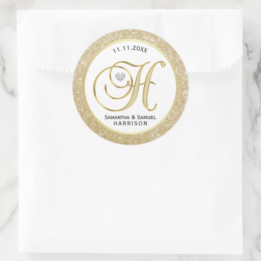 Elegant White Gold Glitter Monogram Letter 'H' Classic Round Sticker ...