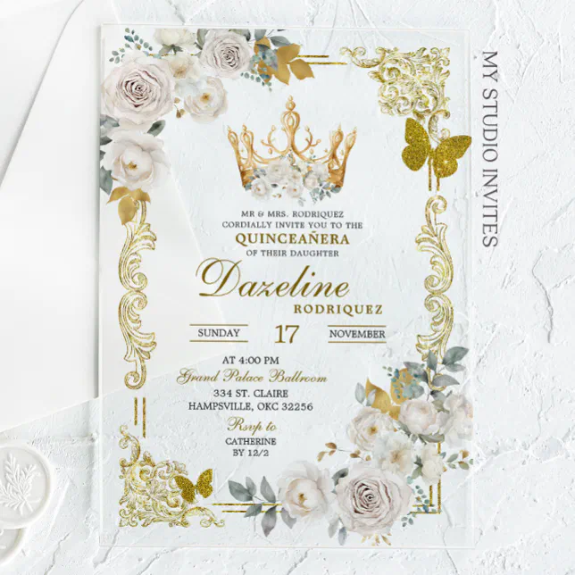 Elegant White Gold Ivory Crown Quinceanera Acrylic Invitations | Zazzle