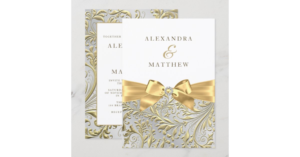 Elegant White & Gold Leaf Bow Wedding Invitation | Zazzle