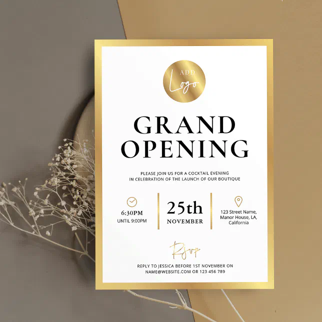 Elegant White Gold Logo New Business Opening Event Invitation | Zazzle