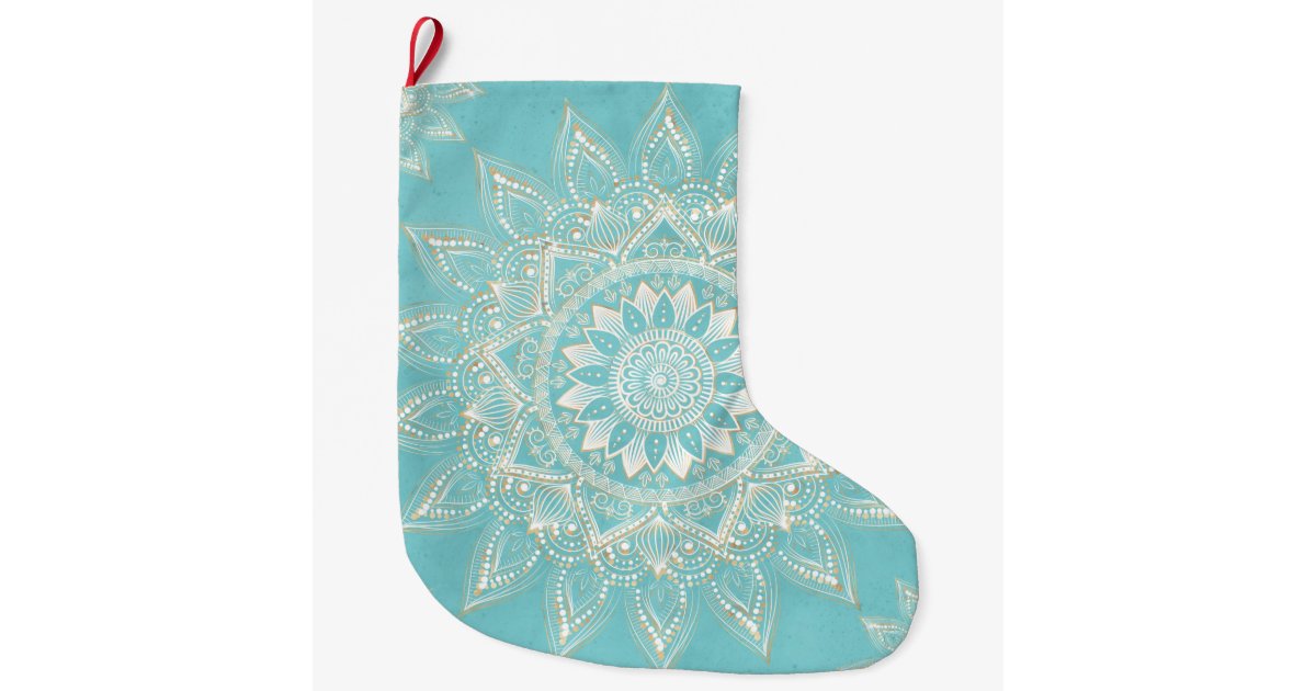 Elegant White Gold Mandala Sky Blue Design Large Christmas Stocking ...