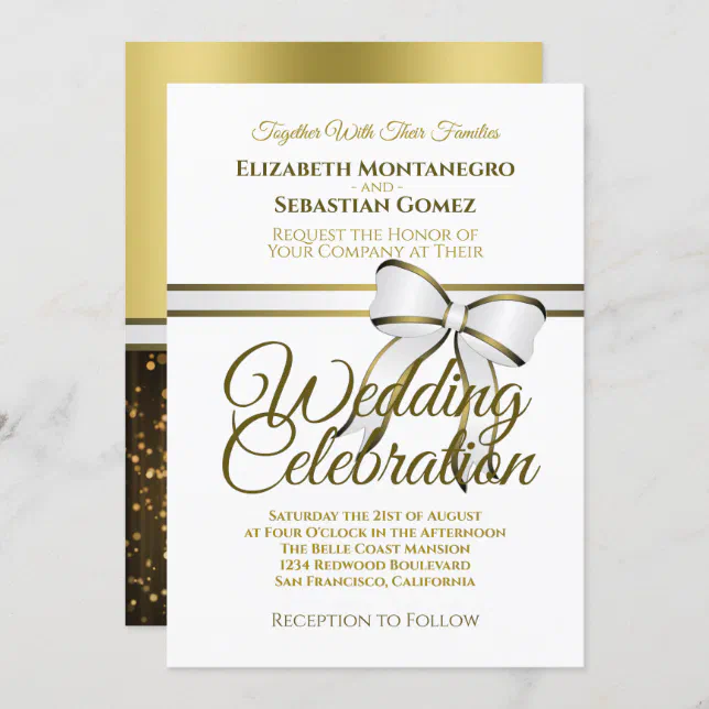 Elegant White & Gold Ribbon Wedding Invitation | Zazzle
