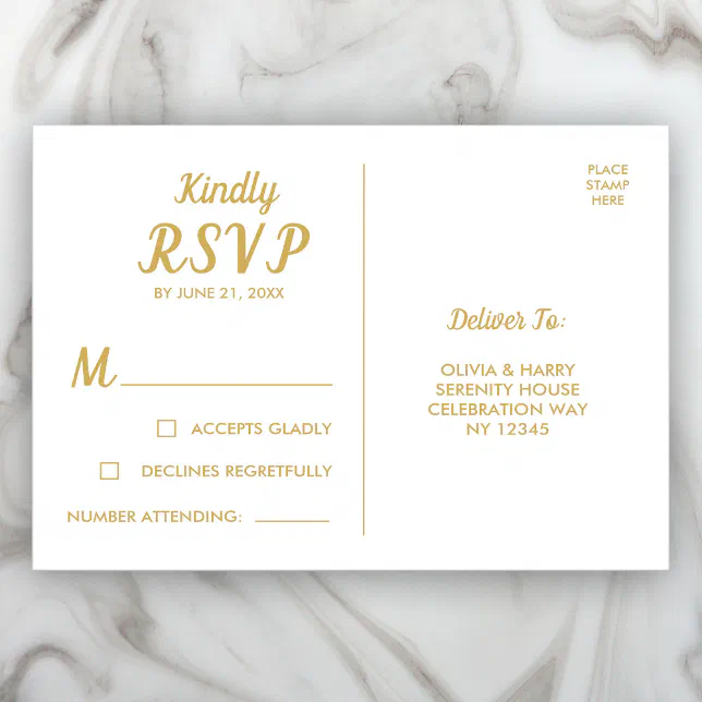 Elegant White Gold RSVP Postcard | Zazzle