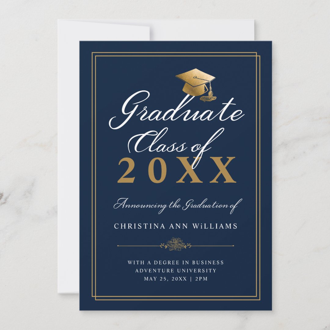 Elegant White Gold Script Blue College Graduation Announcement | Zazzle