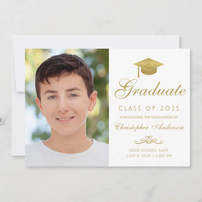 Elegant White Gold Script Cap Photo Graduation Announcement | Zazzle