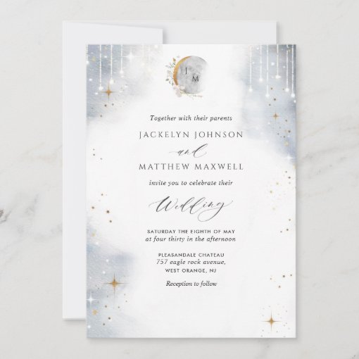 Elegant White Gold Silver Celestial Starry Wedding Invitation | Zazzle