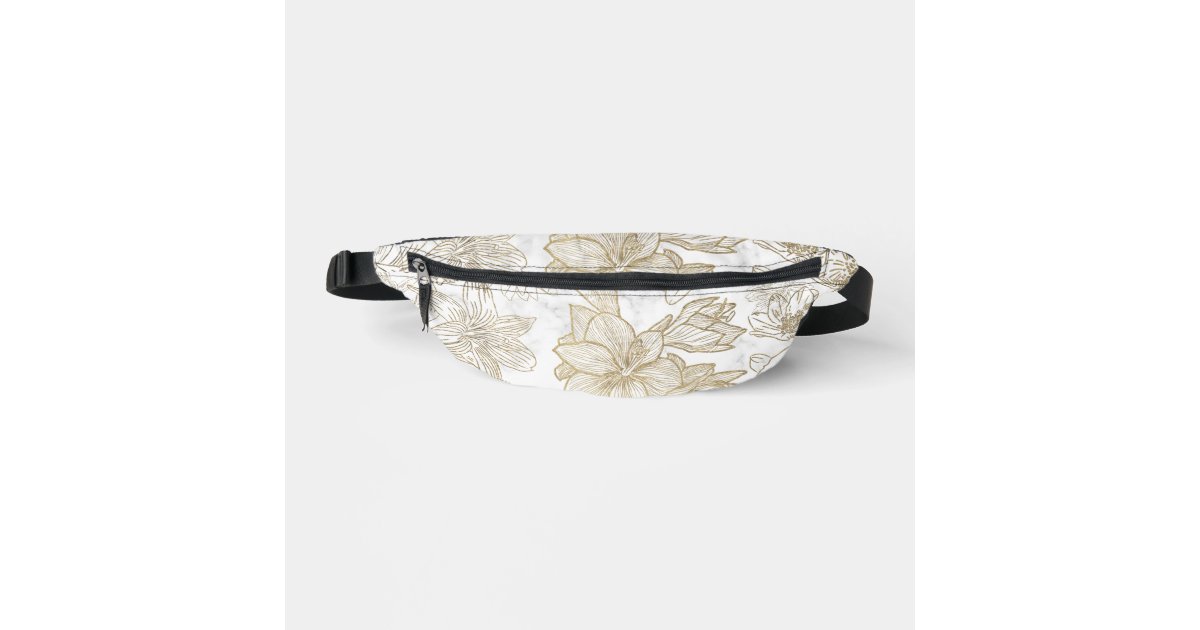 Elegant white gray gold marble floral Fanny Packs | Zazzle