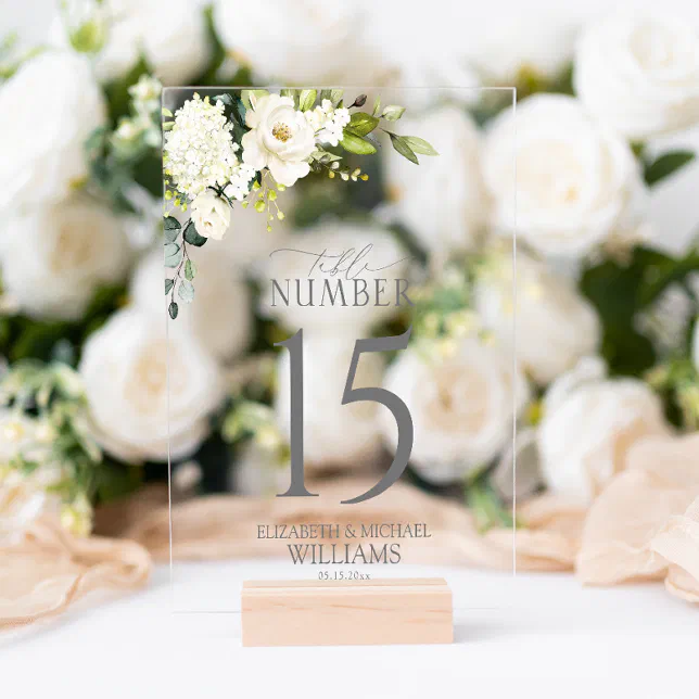 Elegant White Gray Green Floral Table Number Acrylic Sign | Zazzle