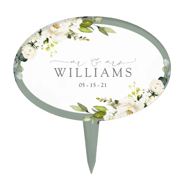 Elegant White Gray Green Floral Watercolor Wedding Cake Topper | Zazzle