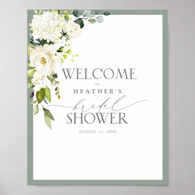 Elegant White Gray Green Watercolor Bridal Welcome Poster | Zazzle