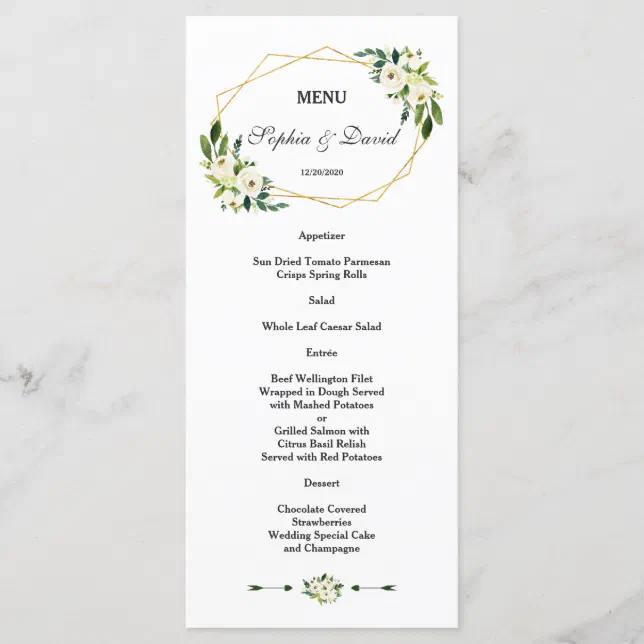Elegant White Green Floral Gold Frame Wedding Menu | Zazzle