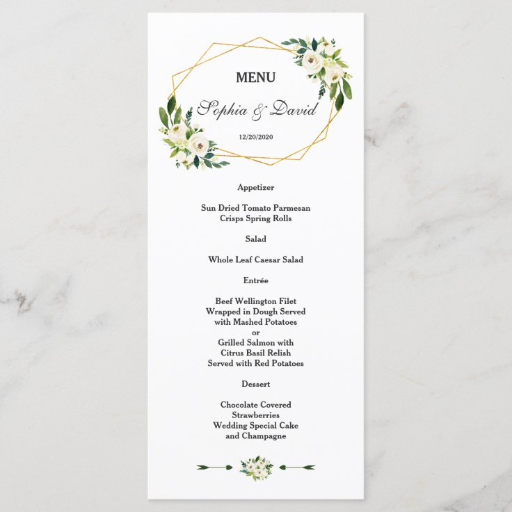 Elegant White Green Floral Gold Frame Wedding Menu | Zazzle