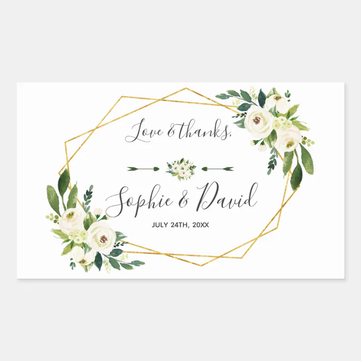 Elegant White Green Floral Gold Frame Wedding Rectangular Sticker | Zazzle