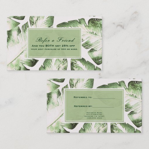 Elegant White Green Tropical Leaves Refer a Friend Referral Card | Zazzle
